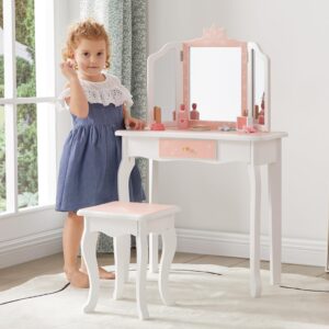 kids vanity table & stool set, girls vanity set with detachable tri-folding mirror and drawer, 2 in 1 princess makeup dressing table and writing desk for girls, kids age 3-8 (pink)