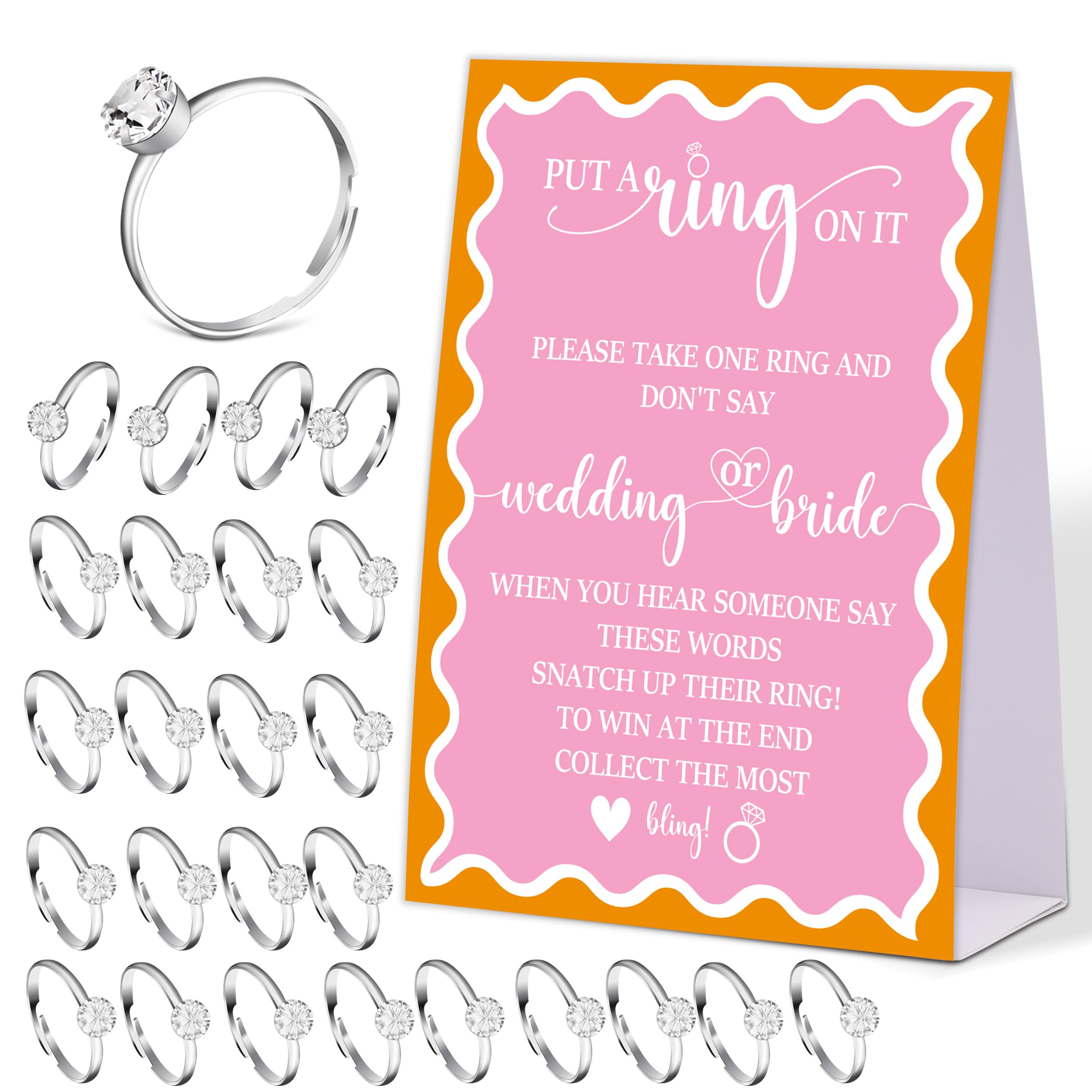 Pink Wavy Border Don't say Bride or Wedding Game, Put a Ring on It Bridal Shower Game with 50 Fake Rings, Modern Bridal Shower Decorations, Wedding Shower or Bachelorette Party Supplies - 07