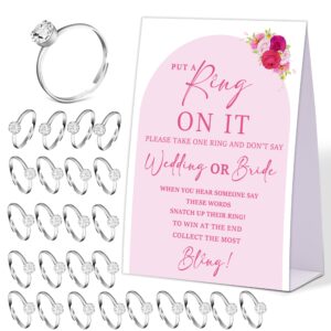 pink floral don't say bride or wedding game, put a ring on it bridal shower game with 50 fake rings, modern bridal shower decorations, wedding shower or bachelorette party supplies - 05