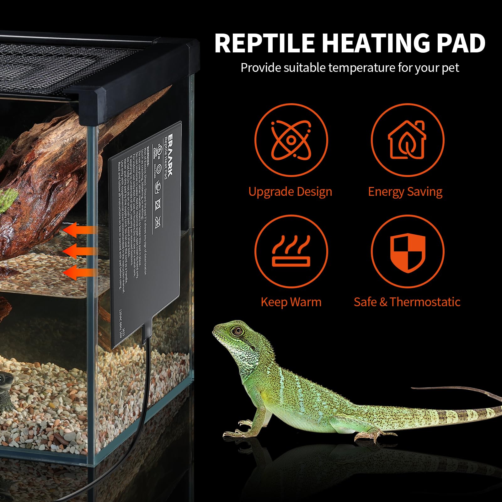 ERAARK Reptile Heating Pad 8" X 18" with Temperature Adjustable Controller Knob, 24W Terrarium Heating Mat for Reptiles Amphibians Hermit Crab Snake Lizard Turtles Lizards (8"X 18" with Adjust Knob)