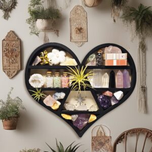 FNYDOX Wooden Heart Shape Crystal Display Shelf, Rock Holder Witchy Home Decor Gem Storage Wall Art Boho Organizer Gothic Wood Hanging Floating Shelf, Mothers Day Birthday Valentines Day Gift