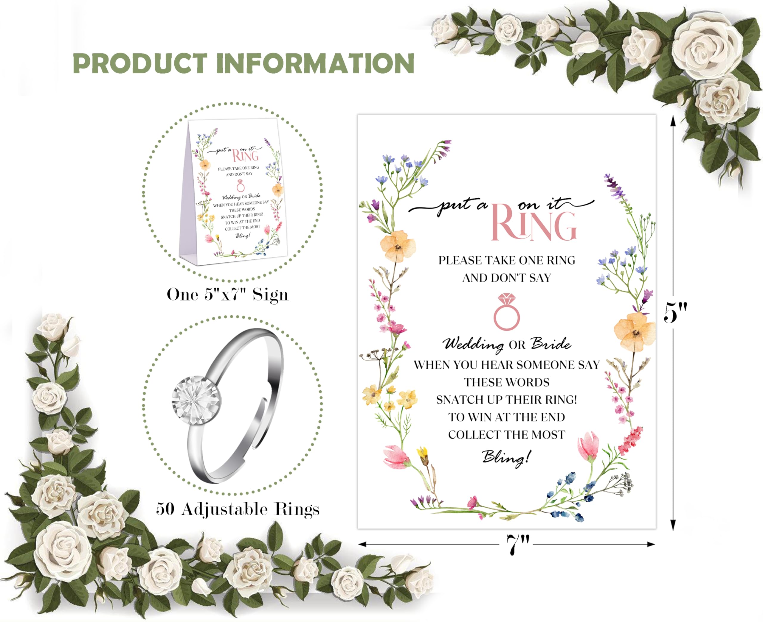 Boho Wildflowers Don't say Bride or Wedding Game, Put a Ring on It Bridal Shower Game with 50 Fake Rings, Bridal Shower Decorations, Wedding Shower or Bachelorette Party Supplies - 11