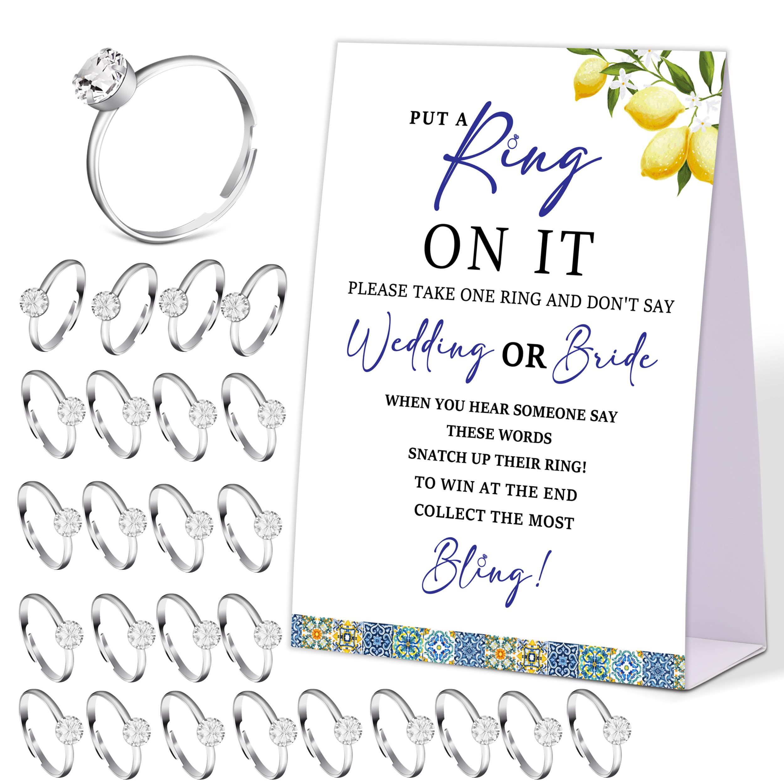 Blue Tiles and Lemons Don't say Bride or Wedding Game, Put a Ring on It Bridal Shower Game with 50 Fake Rings, Modern Bridal Shower Decorations, Wedding Shower or Bachelorette Party Supplies - 06