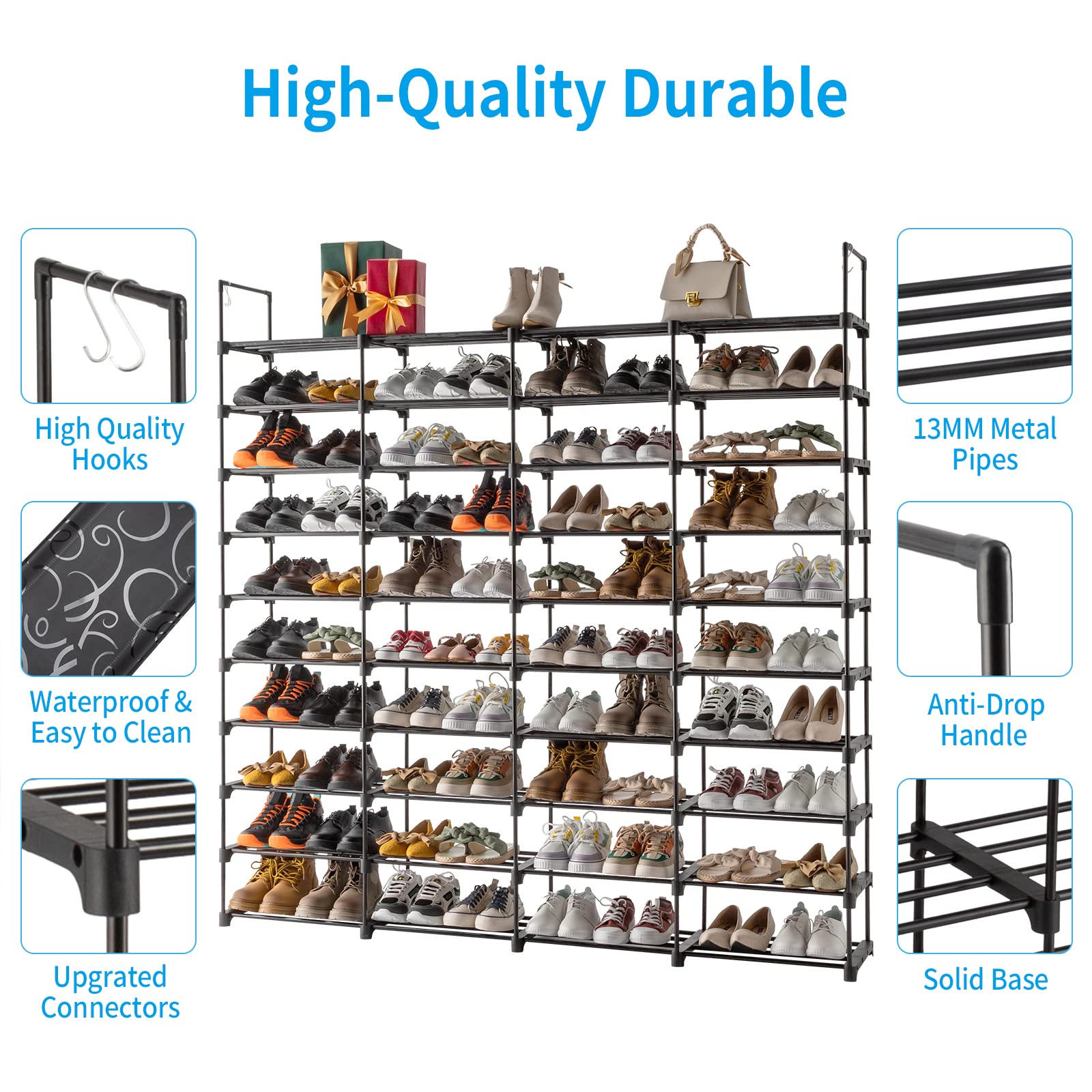 10-Tier Tall Shoe Rack - Free Standing Shoe Shelf Organizer - Large Metal Closet Organizers and Storage Shelves - Stackable Shoe Stand with Hooks for Bedroom Entryway - Holds 80 Pairs of Shoes - Black