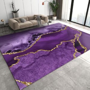 heisem light luxury purple gold marble texture area rugs, modern abstract gold stripe art kids rug, for room sofa living room mat bedroom home decor floor mats,2 x 3ft