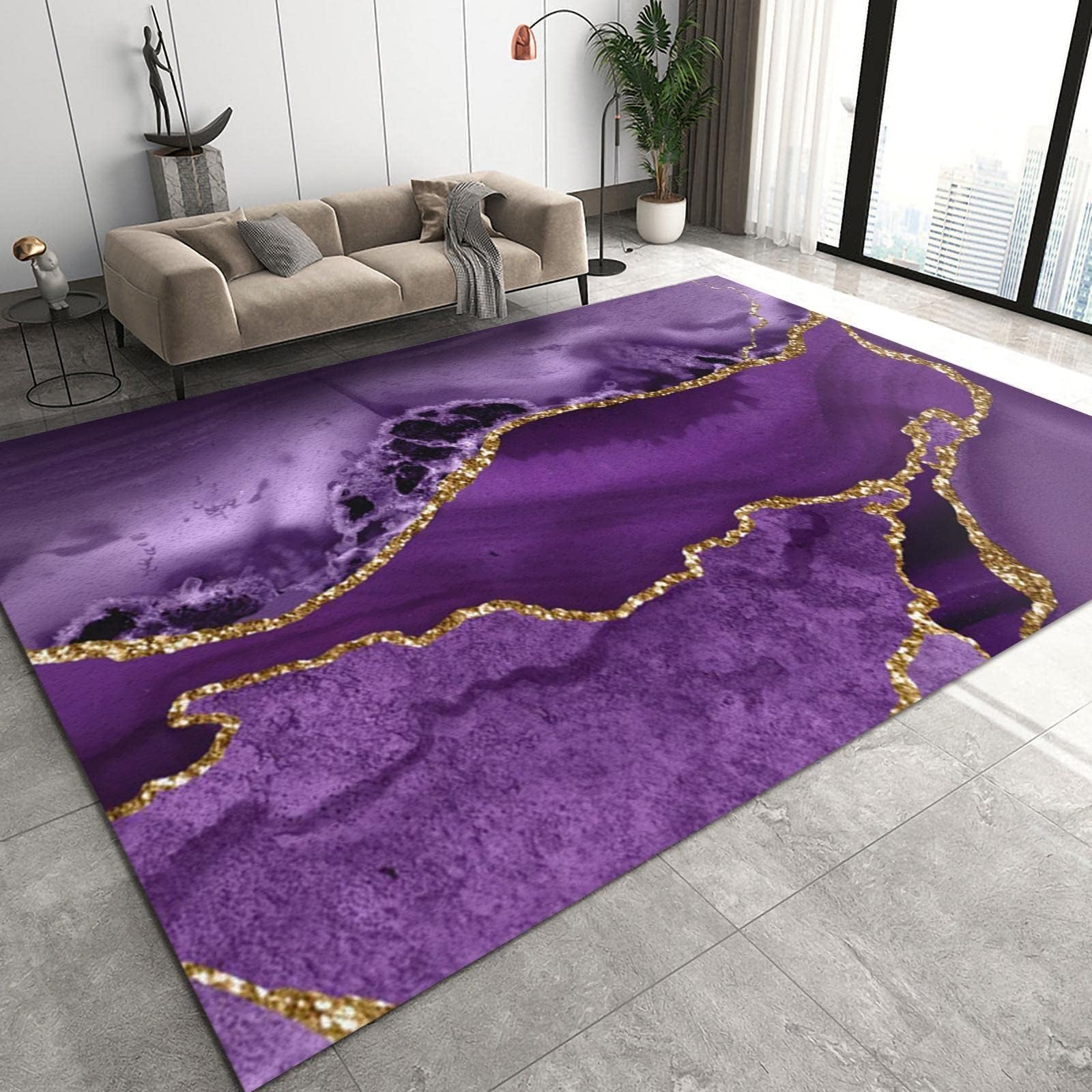 HEISEM Light Luxury Purple Gold Marble Texture Area Rugs, Modern Abstract Gold Stripe Art Kids Rug, for Room Sofa Living Room Mat Bedroom Home Decor Floor Mats,2 x 3ft