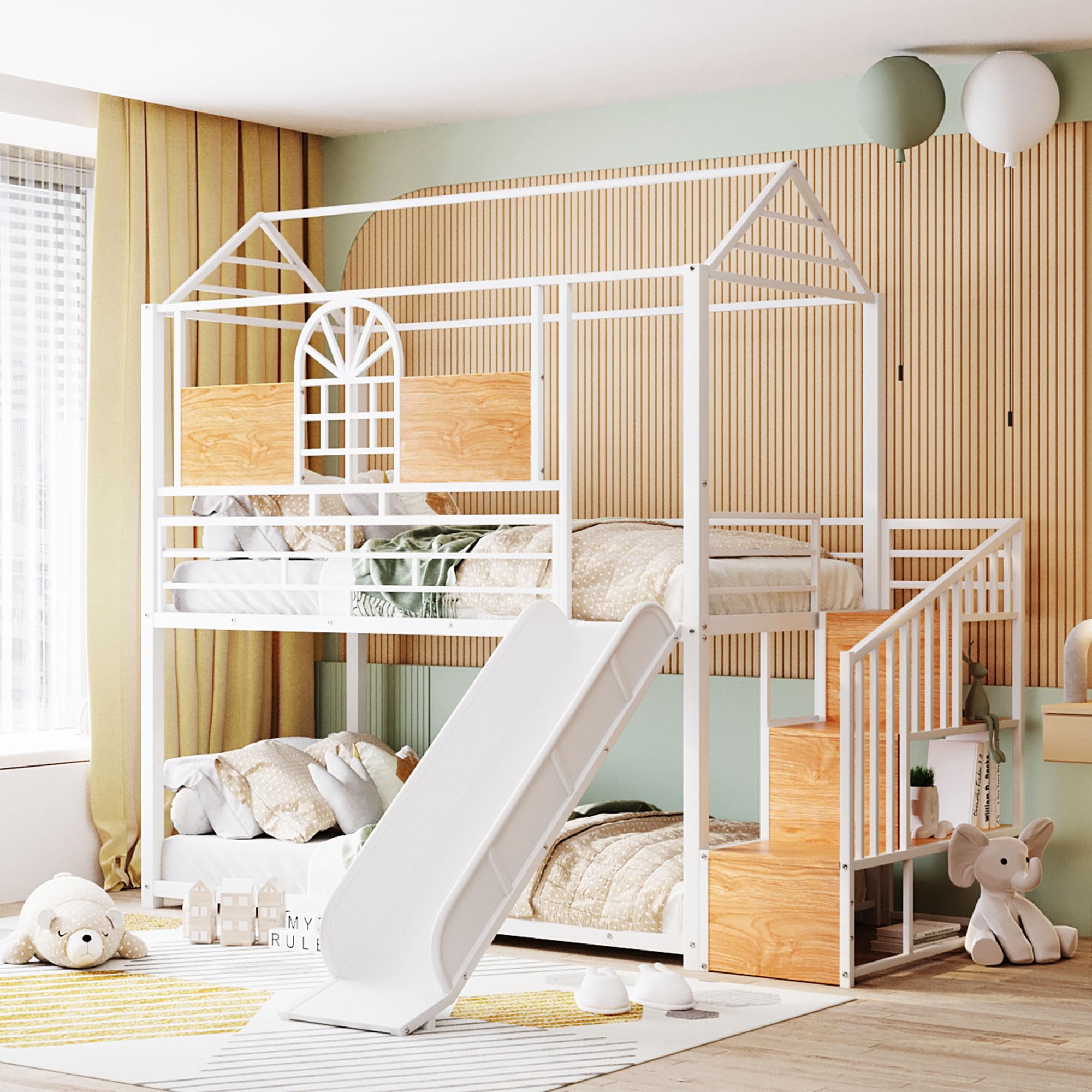 Harper & Bright Designs Metal Twin Over Twin Bunk Beds with Slide, House Bunk Bed with Storage Stairs, Kids Bunk Beds with Roof and Guardrails for Girls Boys Teens, White+White Slide