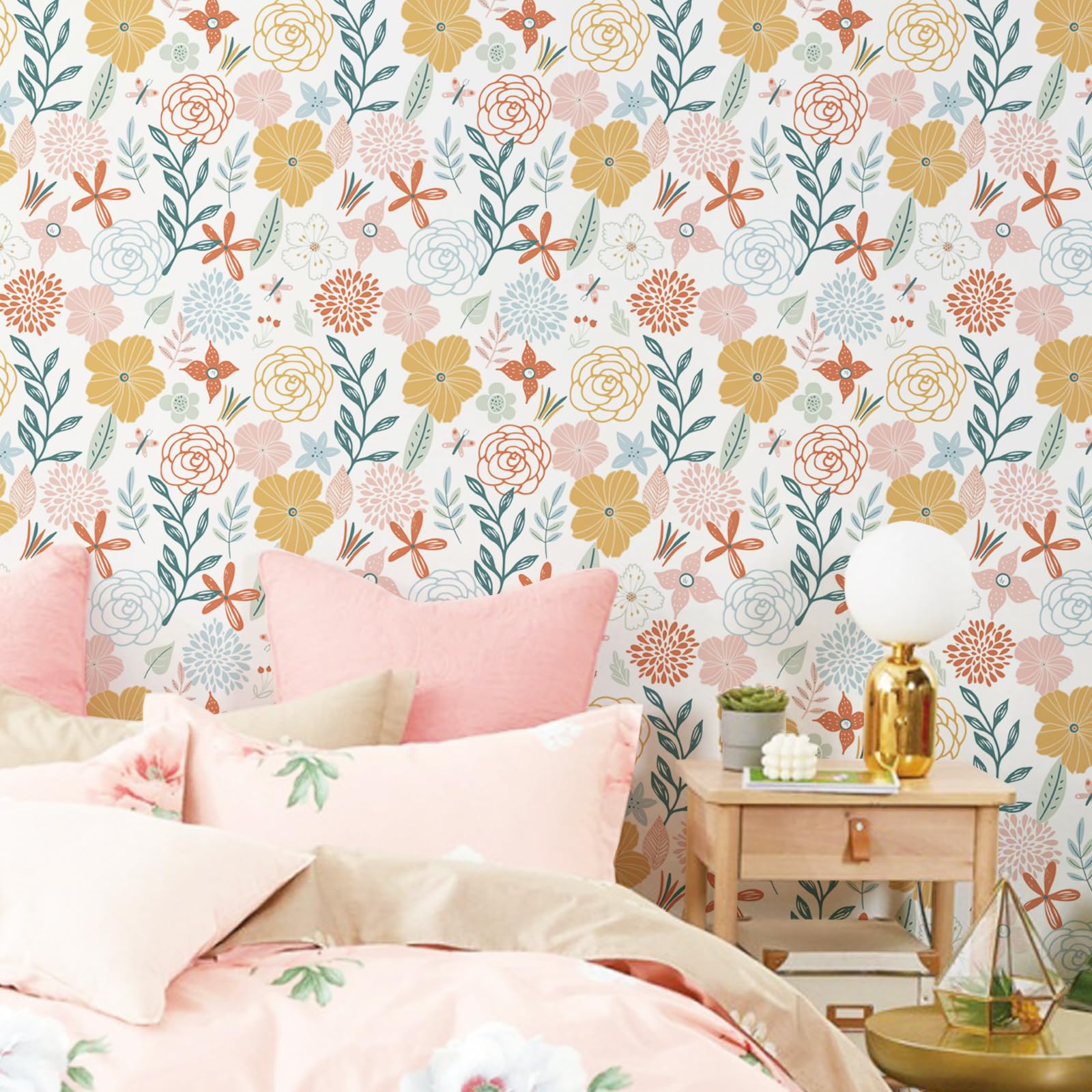 WENMER Floral Peel and Stick Wallpaper 17.71”×118”Boho Floral Wallpaper Pink Floral Contact Paper Self Adhesive Removable Wallpaper for Bathroom Cabinet Decorative