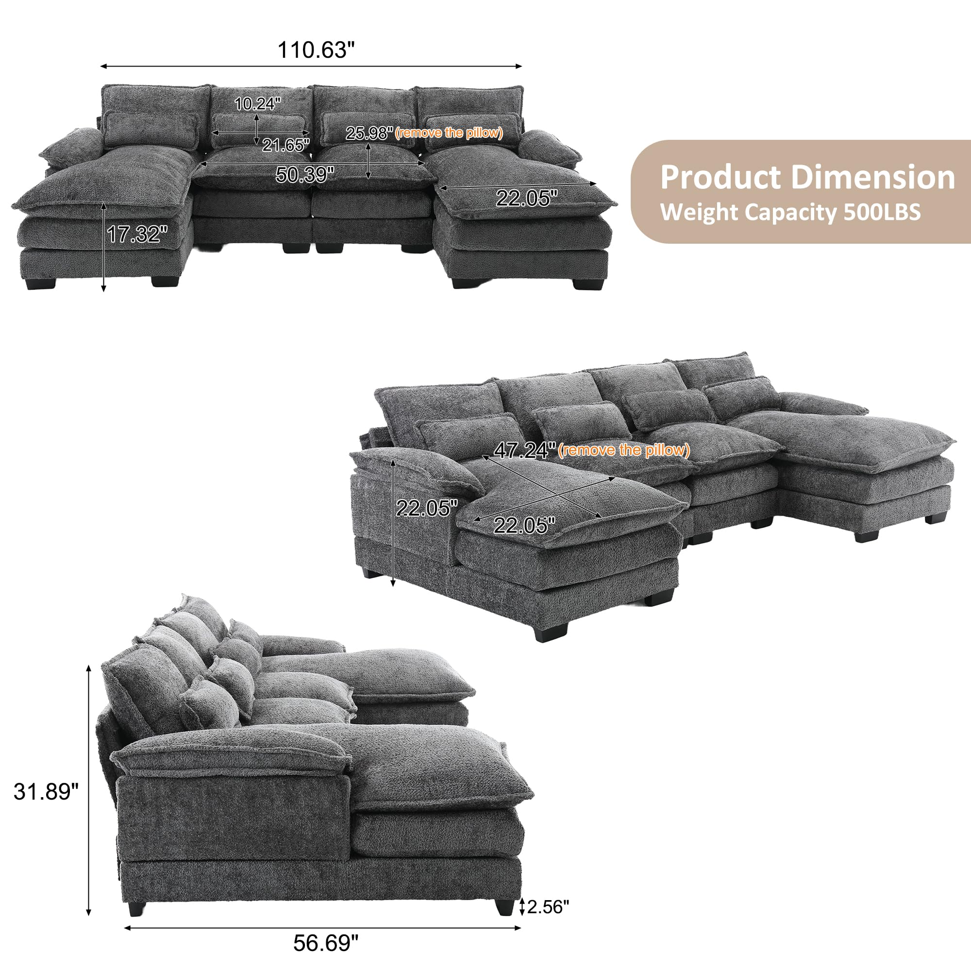 Tmsan Modular Sectional Sofa, 110.63" Chenille Sectional Couches for Living Room, Modern U Shaped Cloud Couch Large Overstuffed Sofa with Chaise for Bedroom Apartment Office