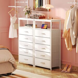 Huuger 5 Drawers Dresser with Charging Station, Dresser for Bedroom, Tall Night Stand, Chest of Drawers with PU Leather Finish, Open Shelf, Bedside Table Nightstand, for Entryway, White