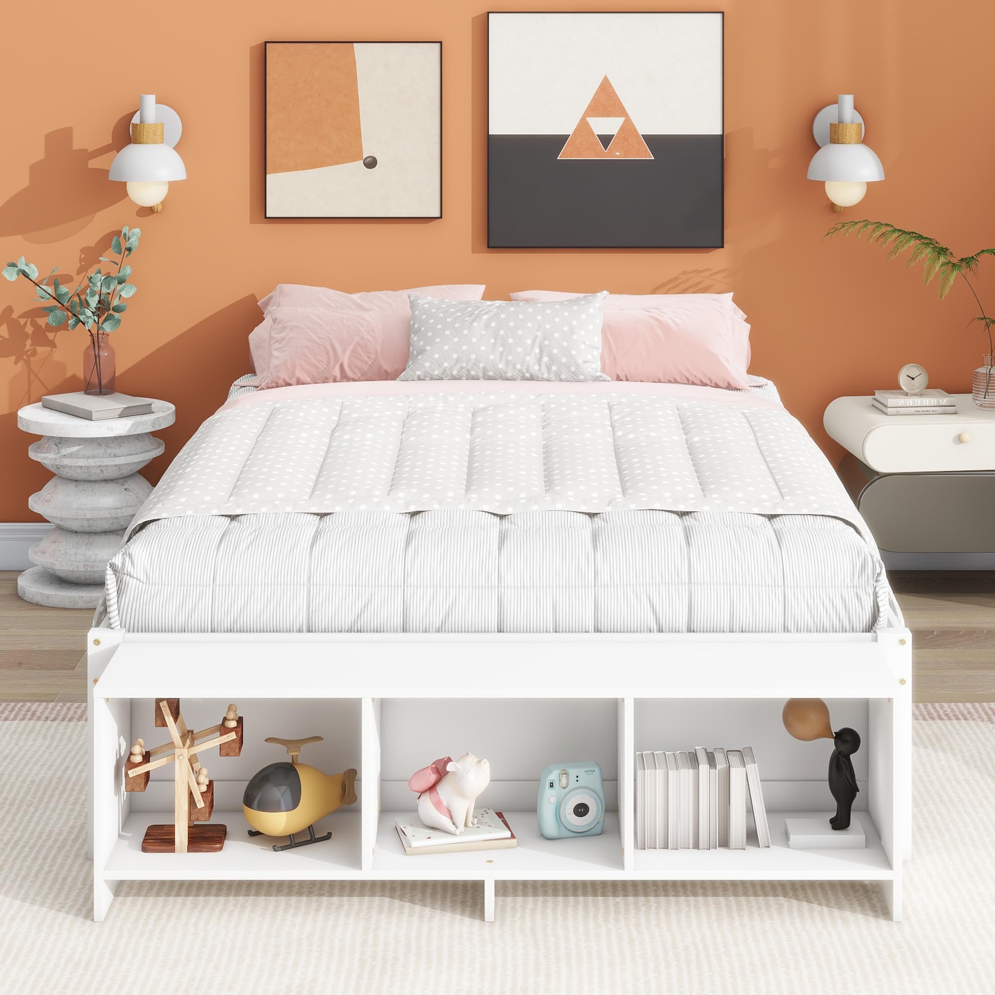 Harper & Bright Designs Full Size Platform Bed with 2 Storage Drawers, Wood Full Size Bed Frame with Storage Case, Full Storage Bed with Wood Slats Support for Bedroom, No Box Spring Needed, White