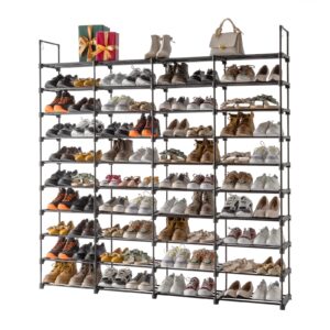 10-Tier Tall Shoe Rack - Free Standing Shoe Shelf Organizer - Large Metal Closet Organizers and Storage Shelves - Stackable Shoe Stand with Hooks for Bedroom Entryway - Holds 80 Pairs of Shoes - Black