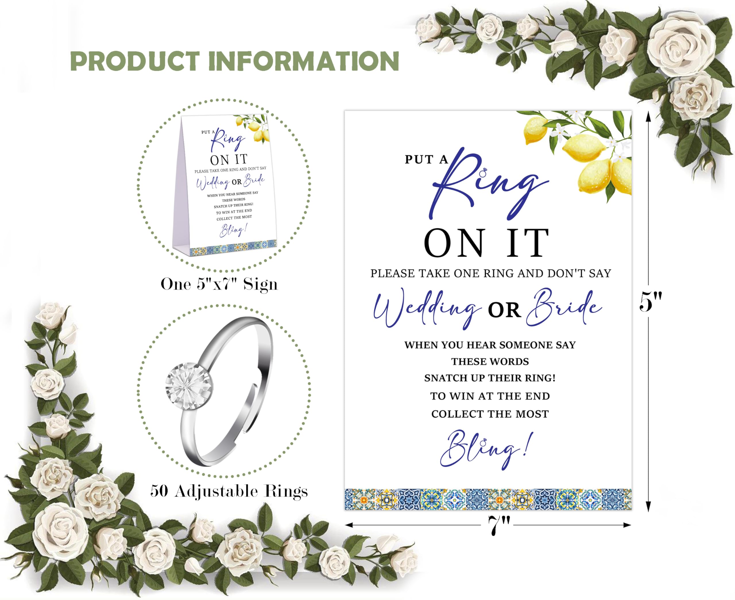 Blue Tiles and Lemons Don't say Bride or Wedding Game, Put a Ring on It Bridal Shower Game with 50 Fake Rings, Modern Bridal Shower Decorations, Wedding Shower or Bachelorette Party Supplies - 06