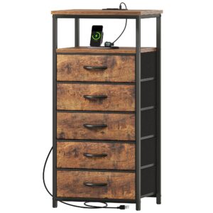 huuger 5 drawers dresser with charging station, dresser for bedroom, tall night stand, chest of drawers with open shelf, bedside table nightstand, fabric dresser, for entryway, rustic brown