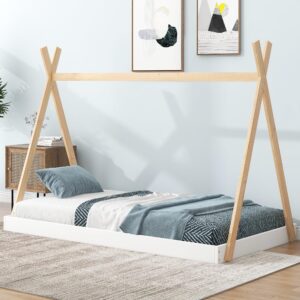 bestlm twin size wood tent floor bed with triangle structure, montessori floor bed for kids teens boys girls, white+natural