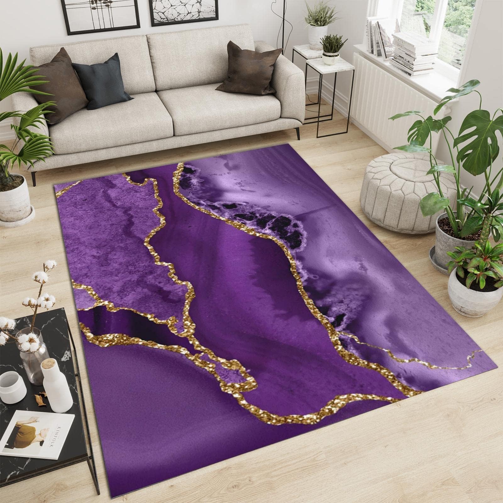 HEISEM Light Luxury Purple Gold Marble Texture Area Rugs, Modern Abstract Gold Stripe Art Kids Rug, for Room Sofa Living Room Mat Bedroom Home Decor Floor Mats,2 x 3ft