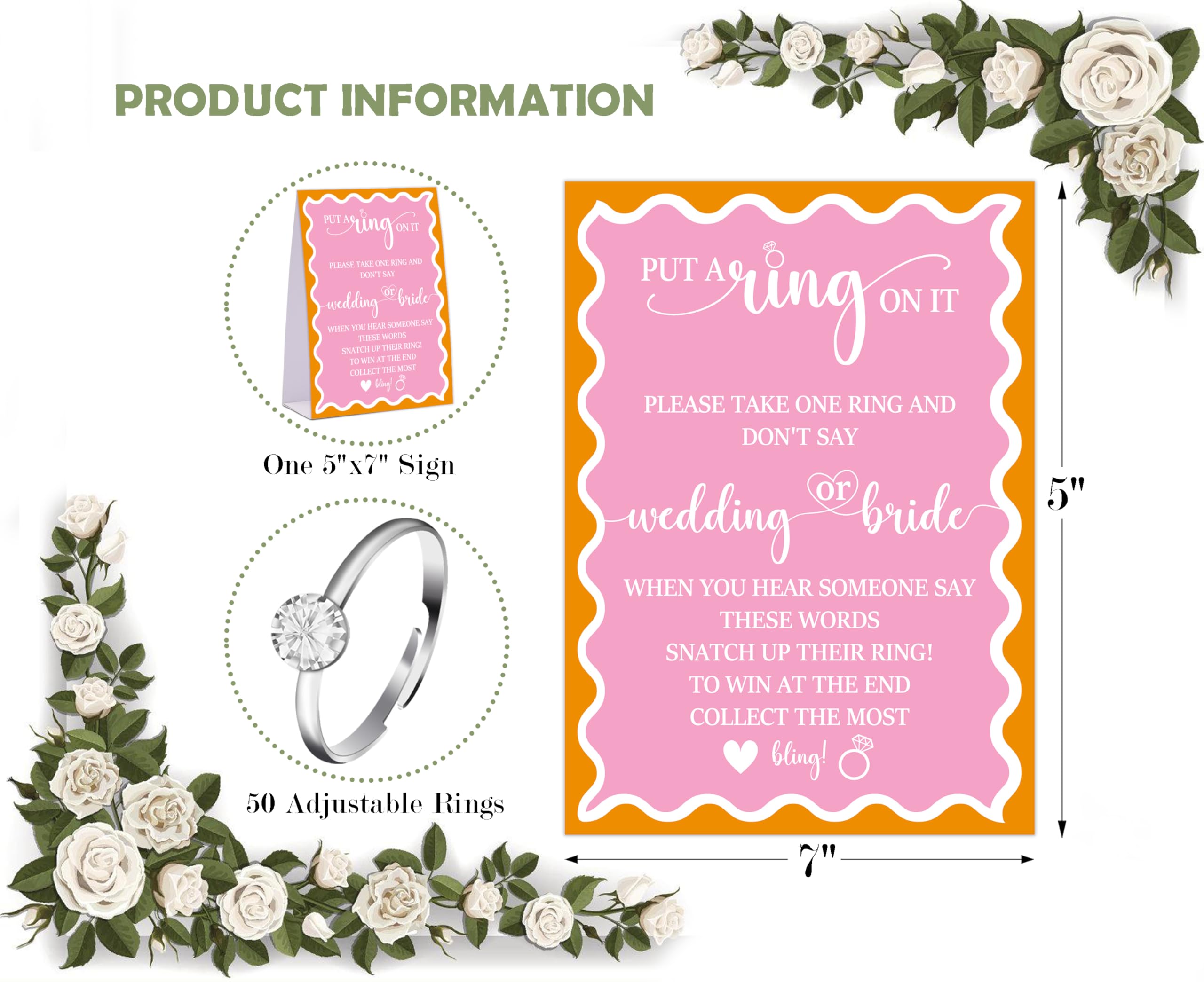 Pink Wavy Border Don't say Bride or Wedding Game, Put a Ring on It Bridal Shower Game with 50 Fake Rings, Modern Bridal Shower Decorations, Wedding Shower or Bachelorette Party Supplies - 07