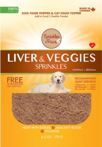 sprinkles & paws liver and veggies dog food topper | healthy powder form | helps with eating, add to food or kibble or as treat | meal mixer with beef flavour, rich in vitamins and nutrients