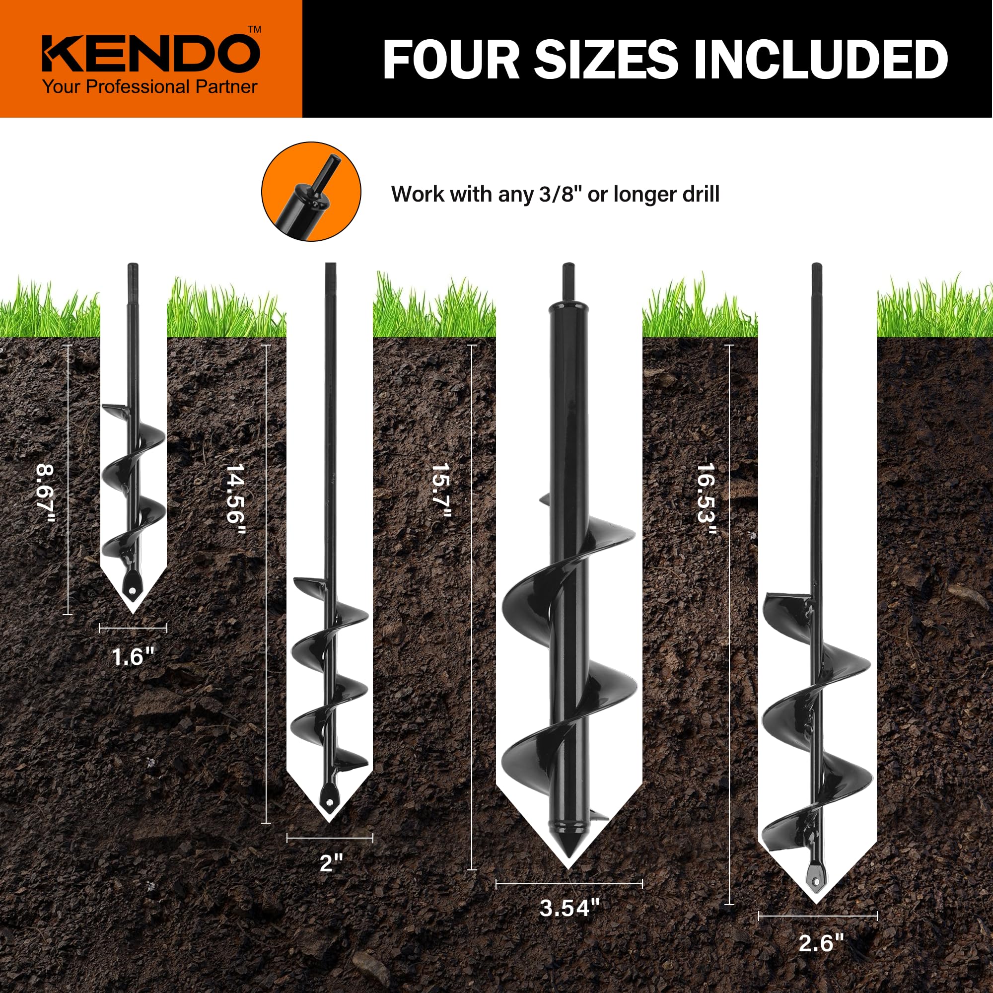 KENDO Auger Drill Bit for Planting Set of 4, Garden Ground Earth Spiral Drill Bits and Bulb Planter Tool for 3/8" Hex Drive Drill, for Post Hole Digger, Bulb Bedding Digging, Plant Rapid Planter