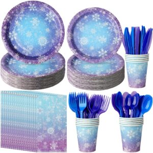 winter snowflake paper plates and napkins set, blue and purple snowflake winter wonderland disposable tableware for christmas winter holiday new year birthday party supplies decorations, serve 25