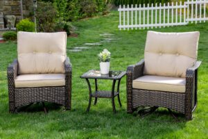 gotland 3 pieces patio swivel rocker wicker chairs-outdoor swivel rocking chairs with 1 rattan coffee table&2 khaki thickened cushions outdoor furniture conversation sets