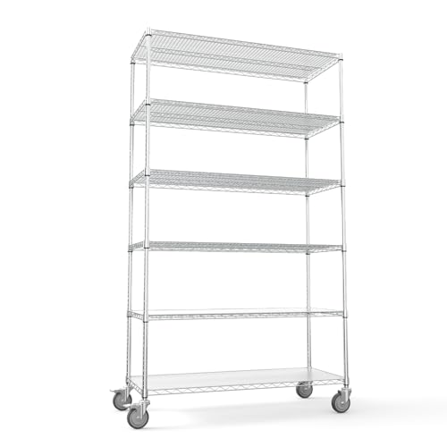 6 Tier NSF Wire Shelf Shelving Unit, 20 x 48 x 84.5 Inch 6000lbs Capacity Heavy Duty Adjustable Storage Metal Rack with Wheels/Leveling Feet&Shelf Liners, Ideal for Garage, Kitchen, and More - Chrome