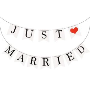 bewudy just married wedding banner, card paper wedding hanging flag decoration, romantic wedding party supplies for wedding bridal shower anniversary decoration