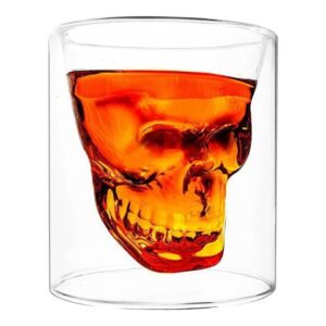 transparent skull double walled drinking glass - insulated double walled cup for cocktail, beer, whiskey, bourbon, vodka, and scotch borosilicate glassware - keeps drinks cold & hot - macabre design