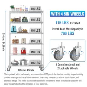 6 Tier NSF Wire Shelf Shelving Unit, 20 x 48 x 84.5 Inch 6000lbs Capacity Heavy Duty Adjustable Storage Metal Rack with Wheels/Leveling Feet&Shelf Liners, Ideal for Garage, Kitchen, and More - Chrome