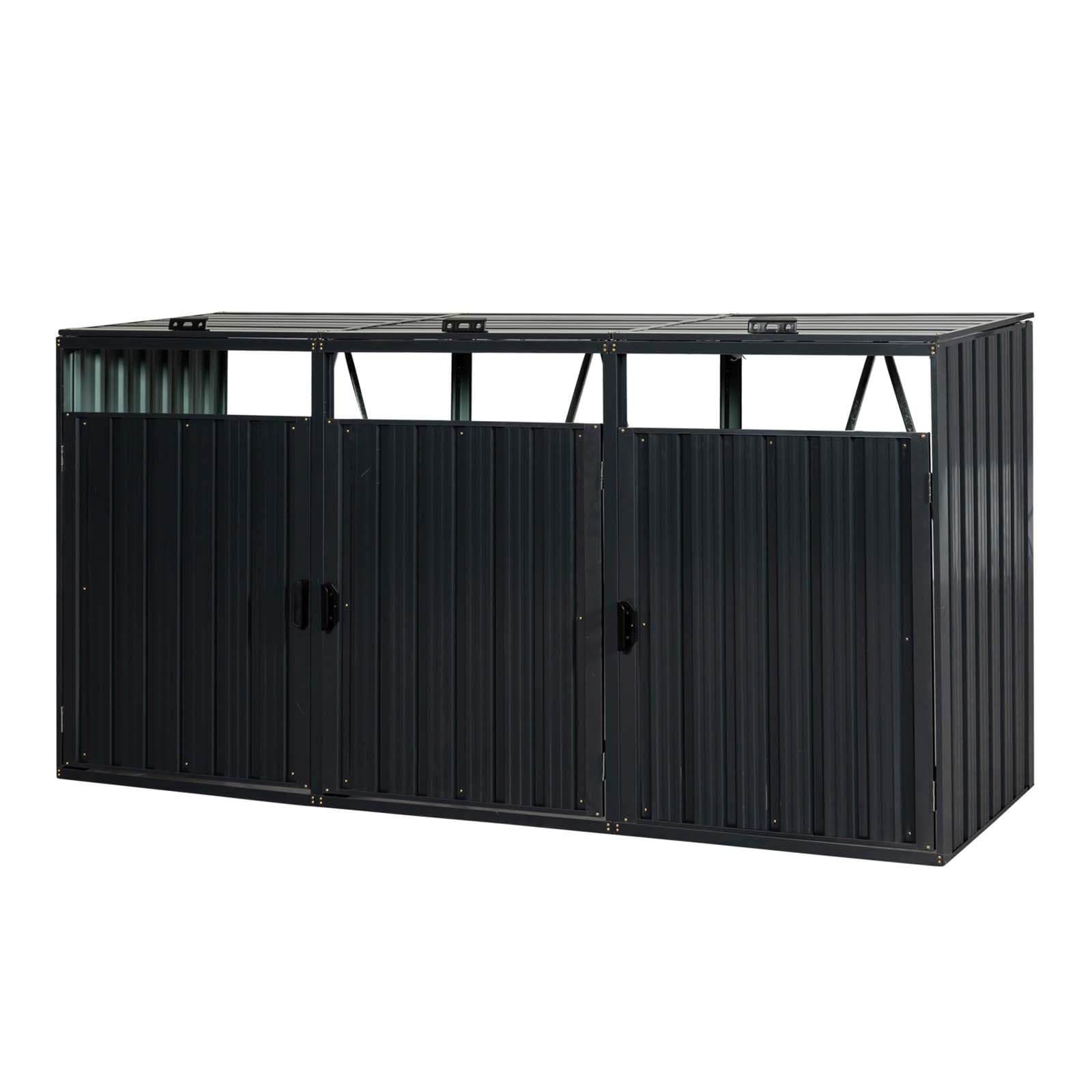 Outdoor Garbage Bin Storage Shed Stores 3 Trash Cans, Metal Bin Shed with Lockable Doors, Durable Stainless Galvanized Steel, Ventilated Bin Shed for Garden Yard Lawn, Black