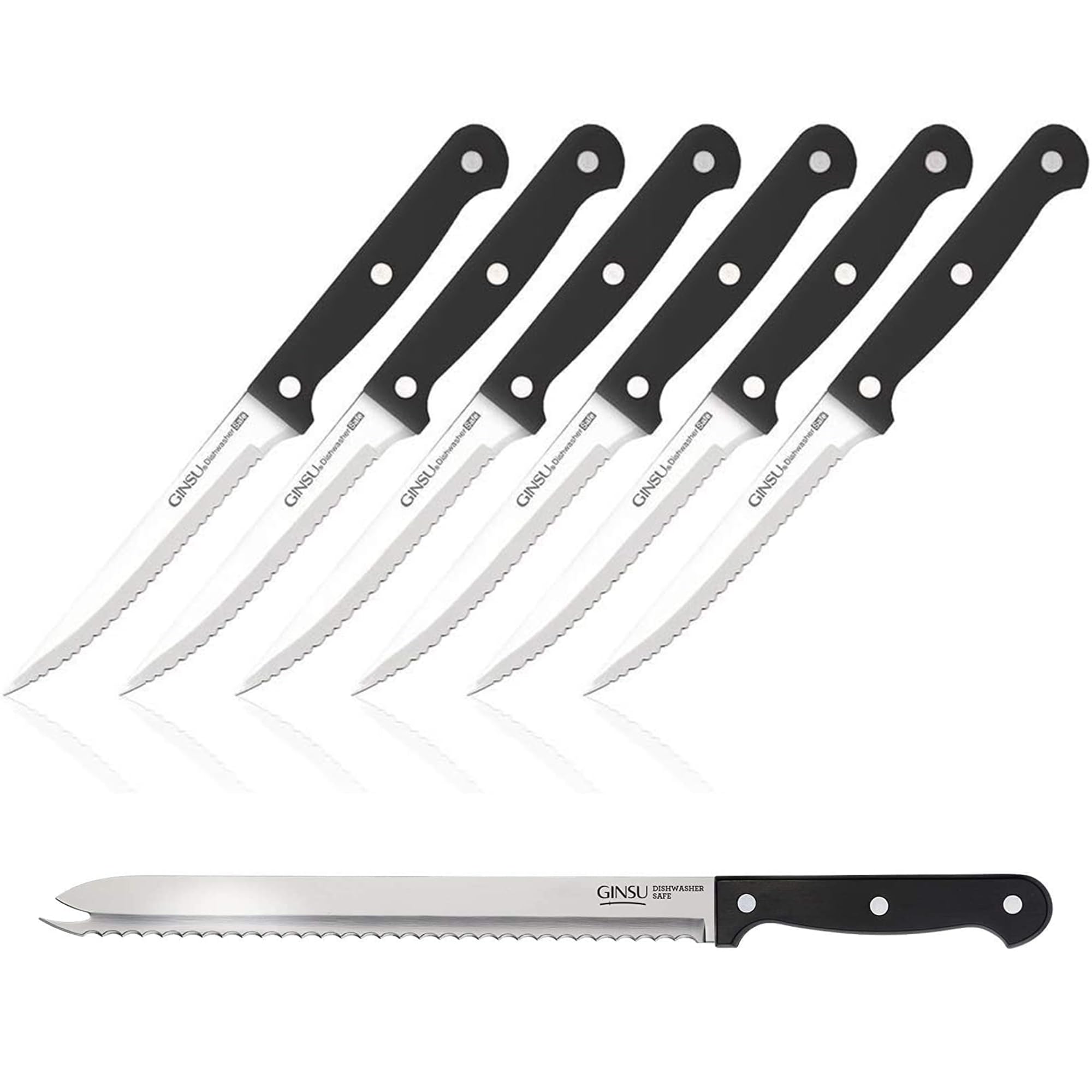 GINSU Kiso 6-Piece Black Steak Knife Set with Original Slicer - Dishwasher Safe and Always Sharp