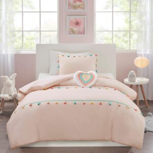 mi zone kids twin comforter set for girls, pink comforter settwin comforter set, tessa adorable twin bedding sets for girls, fun pom pom tassel, sham, boho heart throw pillow, twin, blush 3 piece