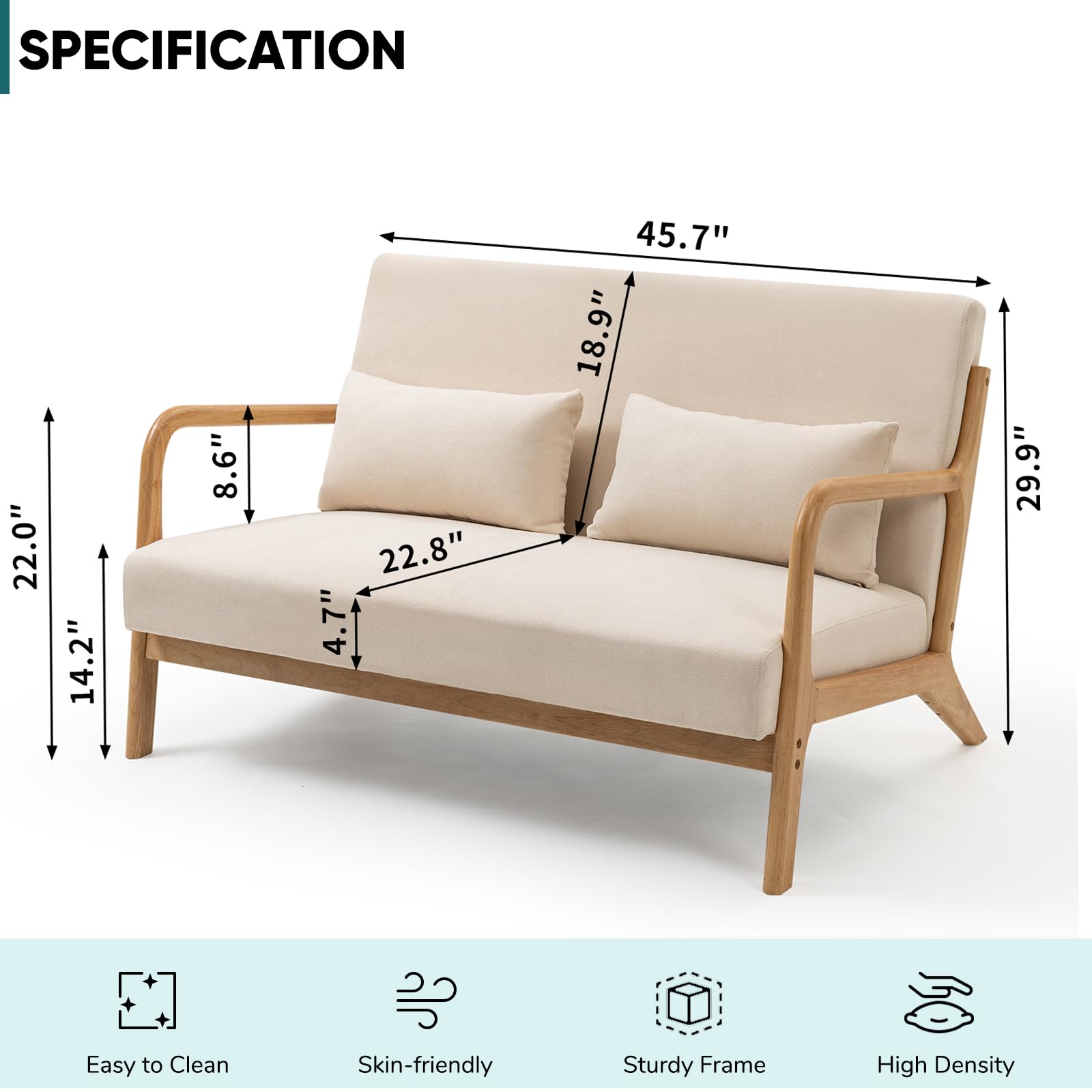 JOYBASE 45.7" W Small Loveseat Couch Sofa, Mid-Century Modern Love Seat Couch with Armrests for Living Room, Small Space, Apartment, Bedroom (Beige, Fabric)