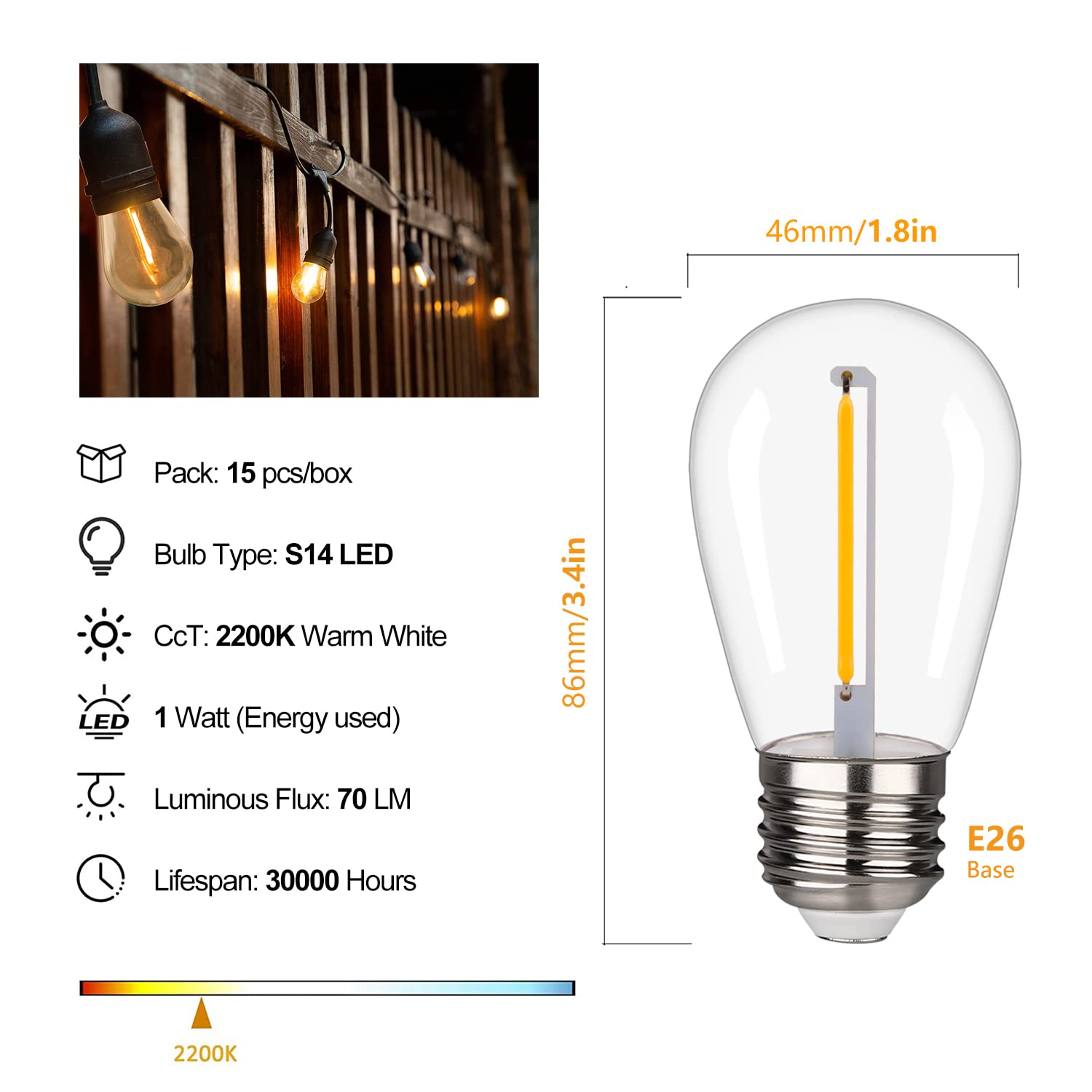 Waterproof Shatterproof S14 LED Bulb,String Light Bulbs 1W Equal to 10W Incandescent, Outdoor String S14 Replacement Light Bulbs,Suitable for patio, gardens,Room.Warm White 2200K, E26,120V(15PACK)