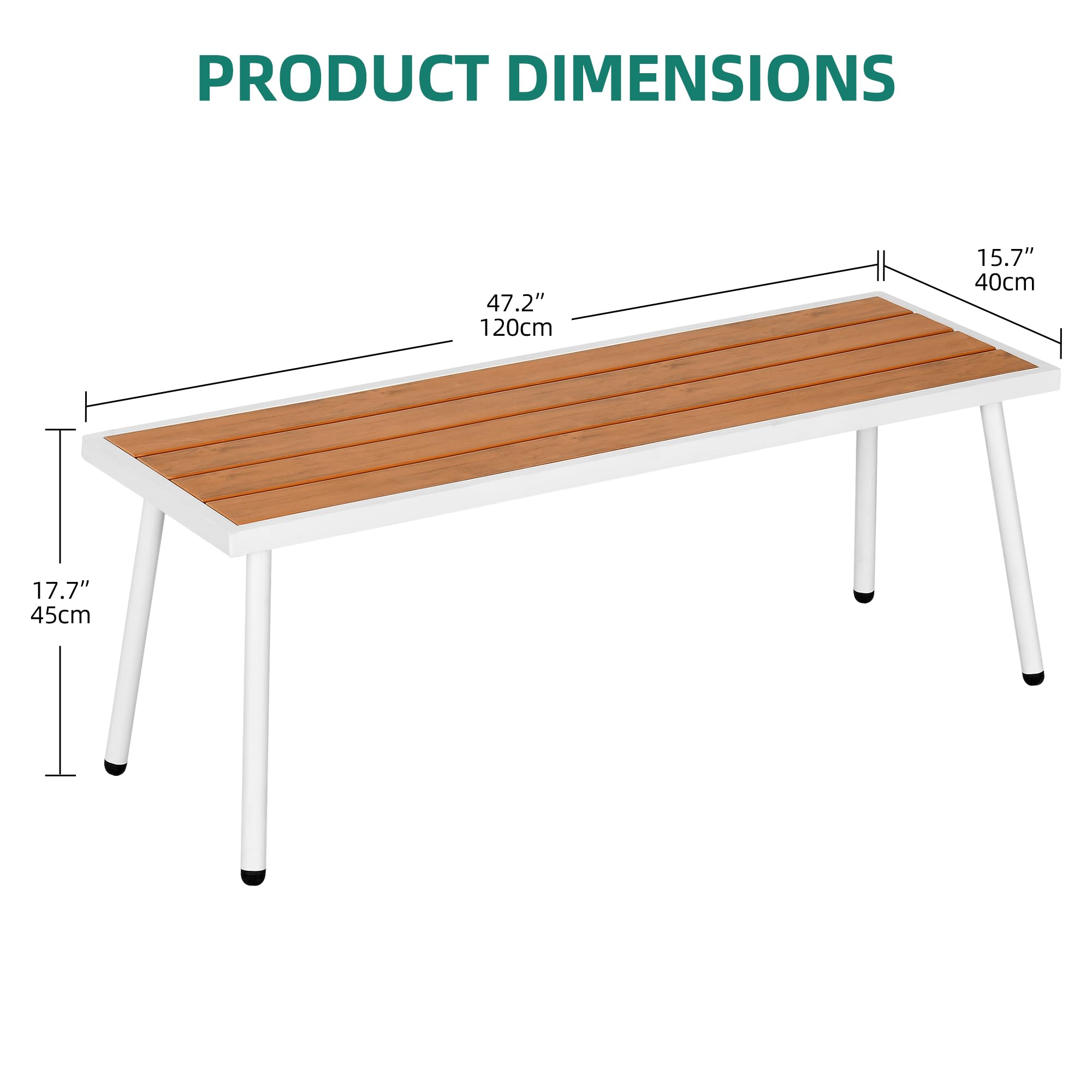 YITAHOME Outdoor Faux Wood Bench, Weatherproof Patio Bench with Slatted for 3, Backless Seat and Metal Frame, Outside Dining Bench for Garden, Porch, 47.2 x 15.7 x 17.7 Inch - Teak & White