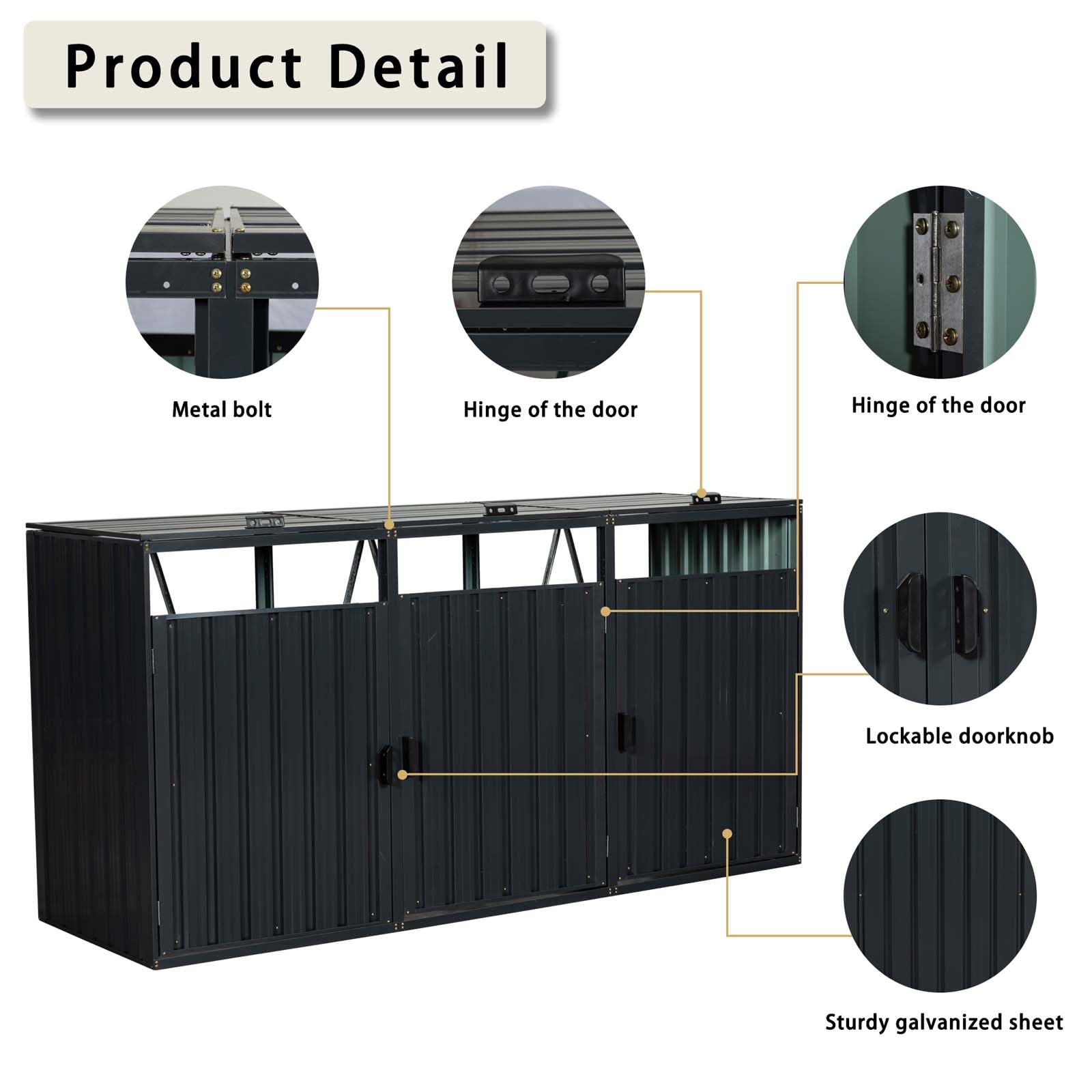 Outdoor Garbage Bin Storage Shed Stores 3 Trash Cans, Metal Bin Shed with Lockable Doors, Durable Stainless Galvanized Steel, Ventilated Bin Shed for Garden Yard Lawn, Black