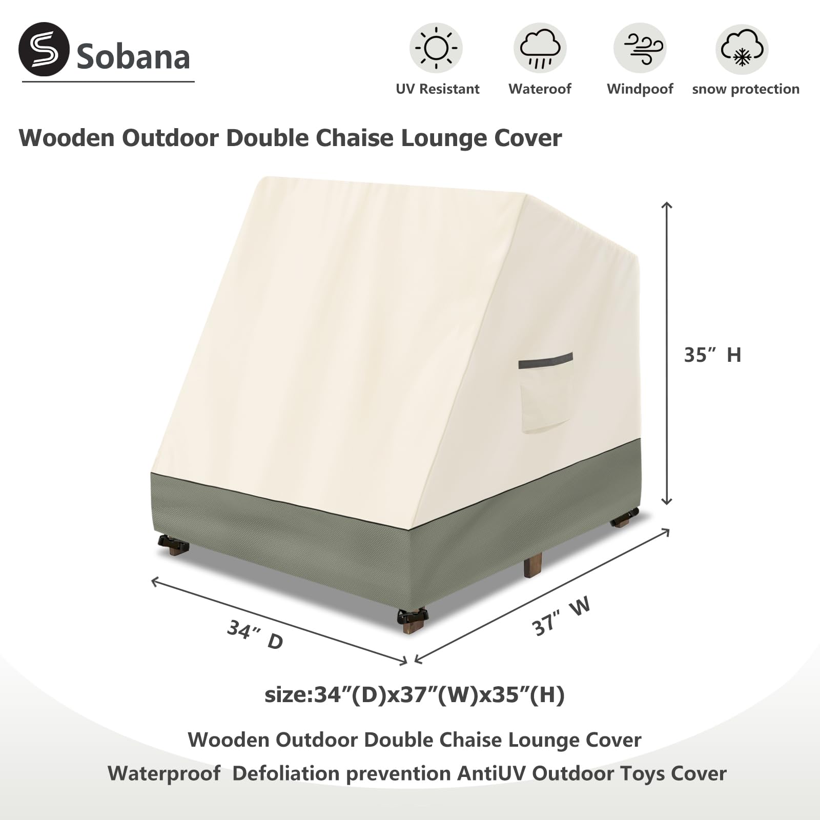 Sobana Kids Outdoor Double Chaise Lounge Cover for Wooden Double Chaise Lounge,Waterproof Patio Furniture Cover for Kids or Pets,Beige