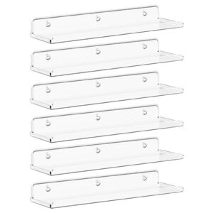 lifewit floating shelves for wall, 6 pack 15" clear acrylic shelf room decor for book/figures/photo/makeup in bathroom, book shelf, living room, bedroom, kitchen storage and organization