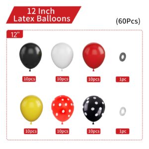 GREMAG Red Yellow Black Balloons, 12inch Black Yellow Red White Polka Dot Balloon Kit with Ribbons, 60 Pcs Latex Balloons for Cartoon Mouse Theme Party Birthday Baby Shower Anniversary Graduation