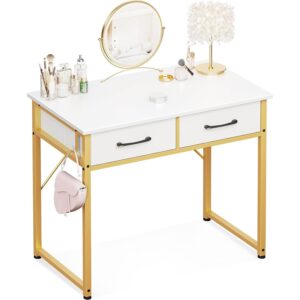 odk vanity desk without mirror, makeup vanity with 2 fabirc drawers, white vanity dressing vanity table with versatile hook, 32 inch small vanity for bedroom, desk make up for girls, white and gold