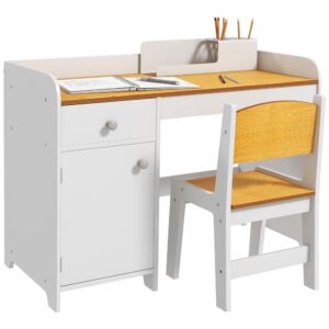 qaba kids desk and chair set with storage drawer, study desk with chair for children for arts & crafts, snack time, homeschooling, homework, white