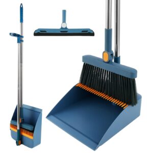 broom and dustpan set for home, 180° rotating broom combo with comb teeth, foldable stand dust pans, long handle broom and dustpan combo set for cleaning kitchen room office lobby floor (blue)