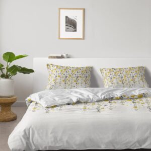 Autumn Yellow Weeping Floral White Back Duvet Cover Sets 4 Piece California King Ultra Soft Bed Quilt Cover Set for Kids/Teens/Women/Men,Gray Flower Vine Leaf Bedding Collection All Season Use