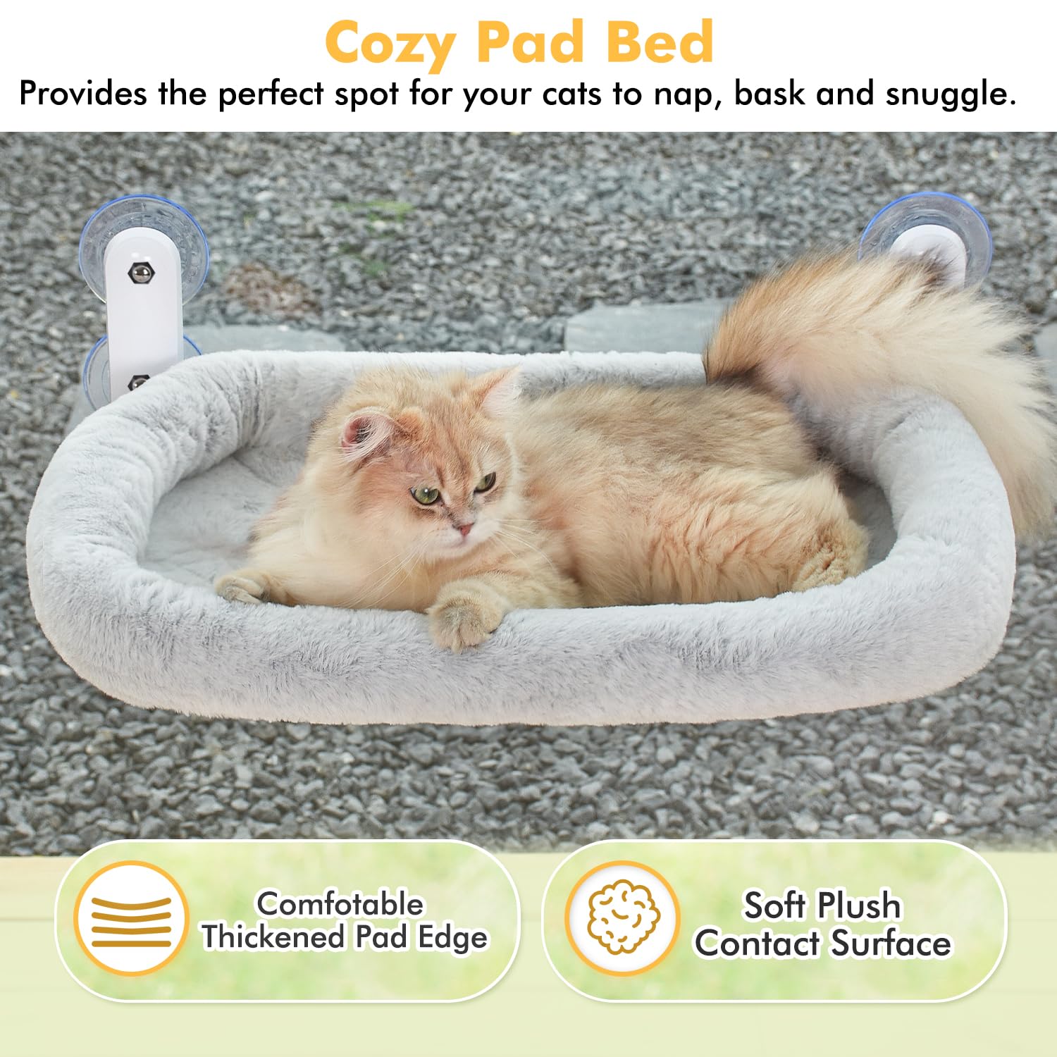 Zoratoo Cat Window Perch, Cordless Cat Hammock Window Seat with Cozy Pad Bed Cover for Indoor Cats, Durable Metal Frame Support Cat Bed with 4 Suction Cups for Large Cats (Cushion Pad Bed - Grey)