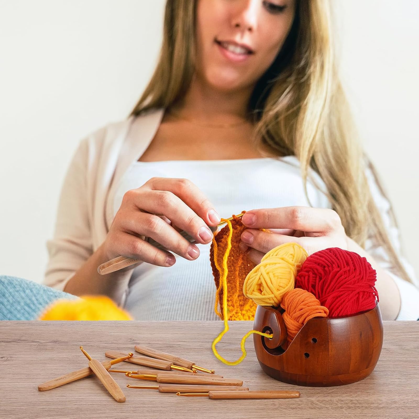 Wooden Yarn Bowl Knitting Wool Storage Basket Round with Holes Knitting Yarn Bowls Crochet Bowl Holder Handmade Yarn Storage Bowl for DIY Knitting