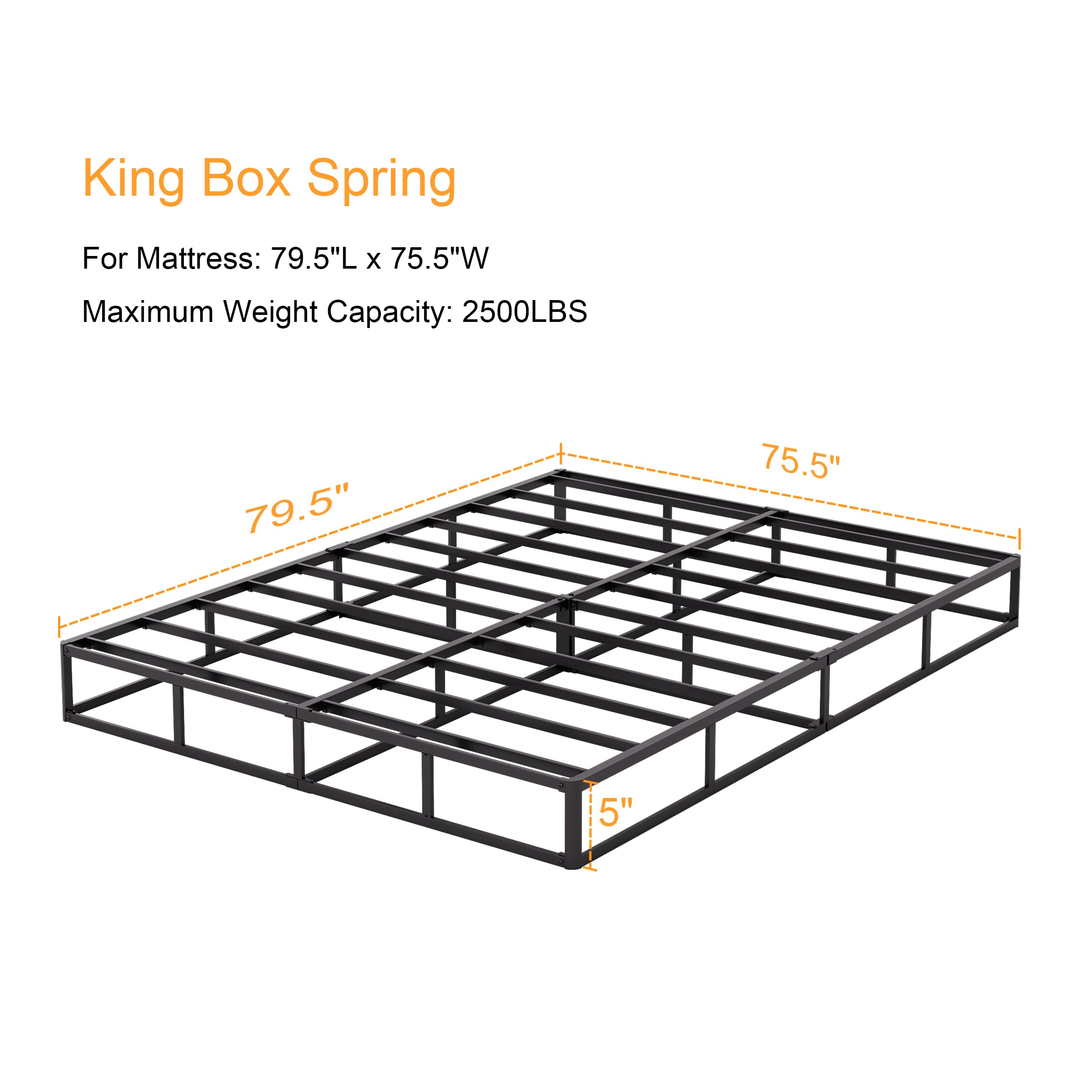 Bednowitz King Box Spring，5 Inch Low Profile Metal Boxspring with Non-Slip Fabric Bed Cover, Sturdy Heavy Duty Steel Structure Bed Base, Noise-Free Mattress Foundation, Easy Assembly，Black