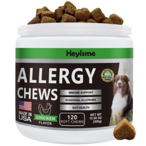 heyisme dog allergy relief chews, itch relief and probiotics for dogs, fish oil omega 3, seasonal allergies, itchy skin relief, anti itch treats, immune health supplement (chicken, 120 chews)