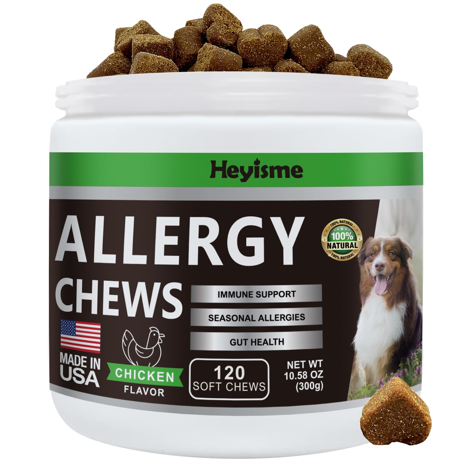 HEYISME Dog Allergy Relief Chews, Itch Relief and Probiotics for Dogs, Fish Oil Omega 3, Seasonal Allergies, Itchy Skin Relief, Anti Itch Treats, Immune Health Supplement (Chicken, 120 Chews)