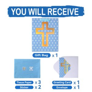 13" Large Blue Gift Bag Set with Greeting Card and Tissue Papers (Foil Cross Design), Tissue Paper for First Communions, Halloween, Christmas, Baby Boy Baptisms, Christenings, Religious