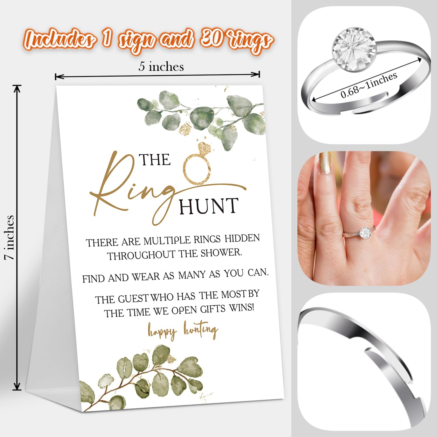 The Ring Hunt Game, Greenery Bridal Shower Games with Rings-One Sign and 30 Rings, Bridal Shower and Wedding Shower Games for Guests, Engagement Party Game, Bridal Shower Decorations-LS2